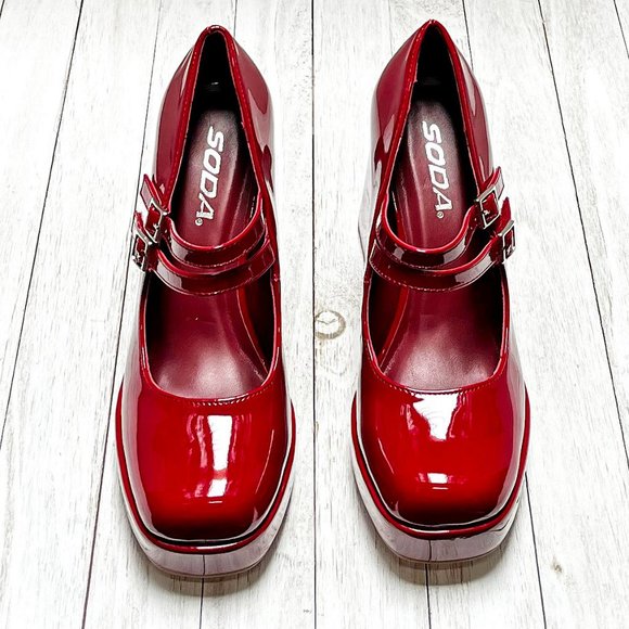 Shoes | New Ruby Red Patent Mary Jane Platform Chunky Heel Pumps | Poshmark
